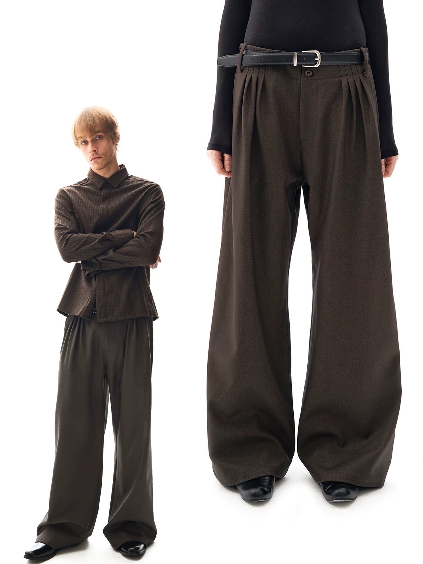 "The Brown Folded" Wide-Leg Pleat Pants – Jun S